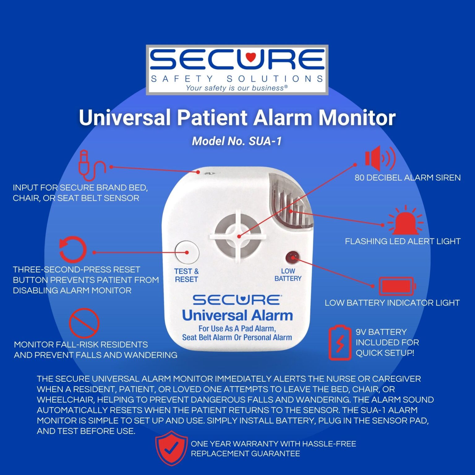 SUA-1 Universal Alarm Monitor - Bed Alarm and Chair Exit Alarm
